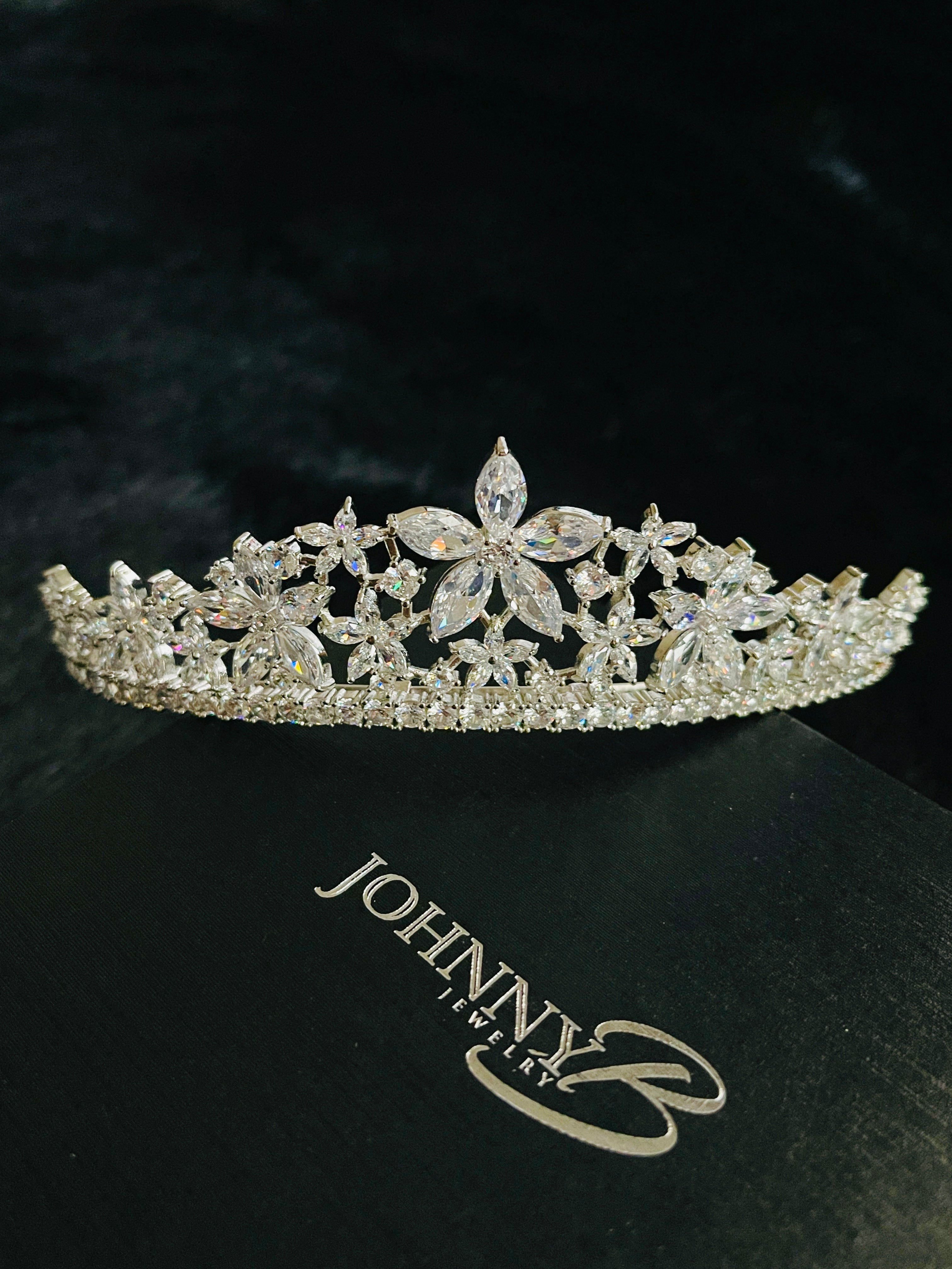 TATIANA - Floral-Patterned CZ Tiara In Silver – JohnnyB Jewelry