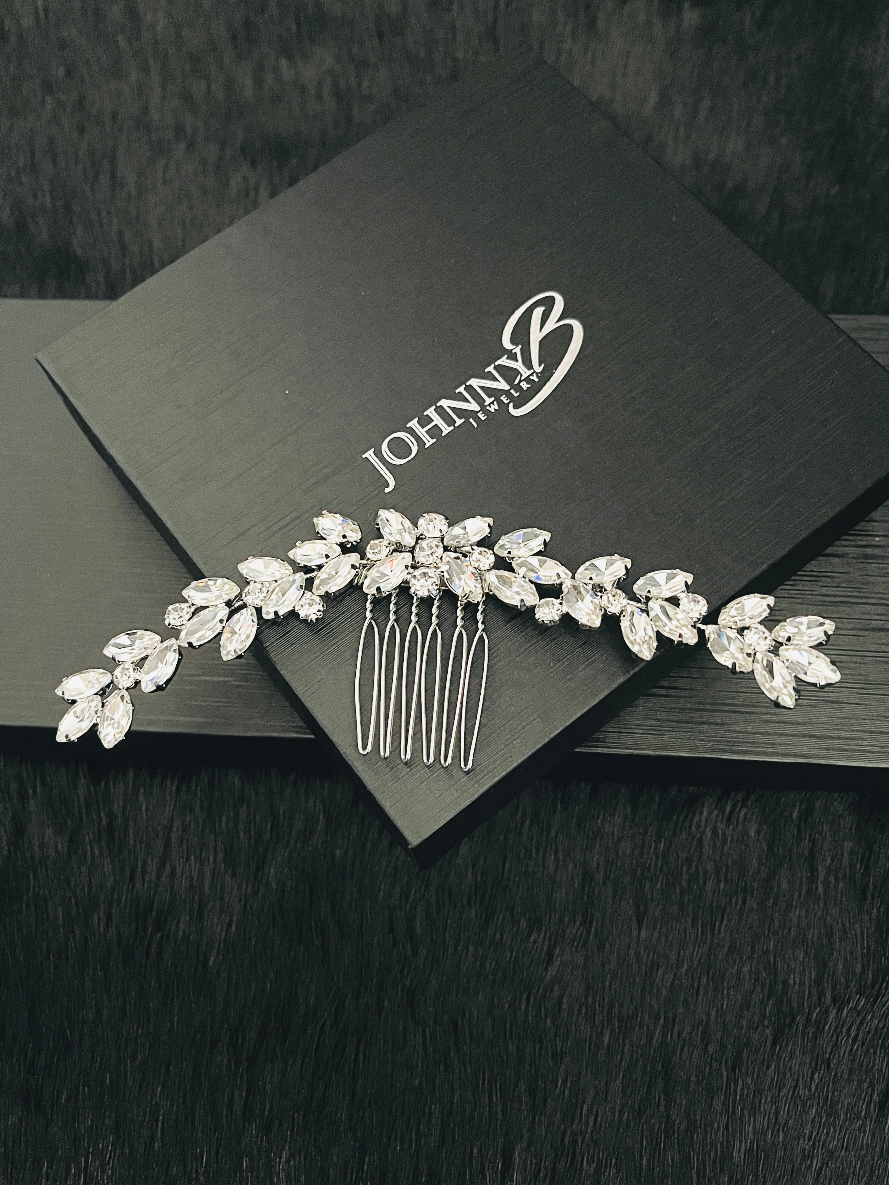 LORETTA - Bold Marquise Crystal Leaf Hair Comb In Silver – JohnnyB Jewelry